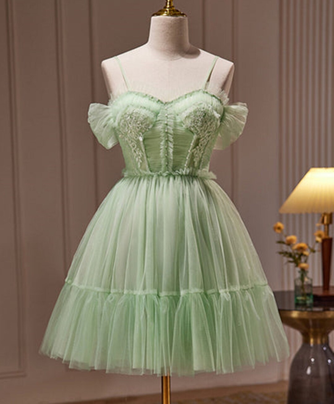 Spaghetti Straps off Shoulder Beads Appliques Tulle Prom Dress Cocktail ...