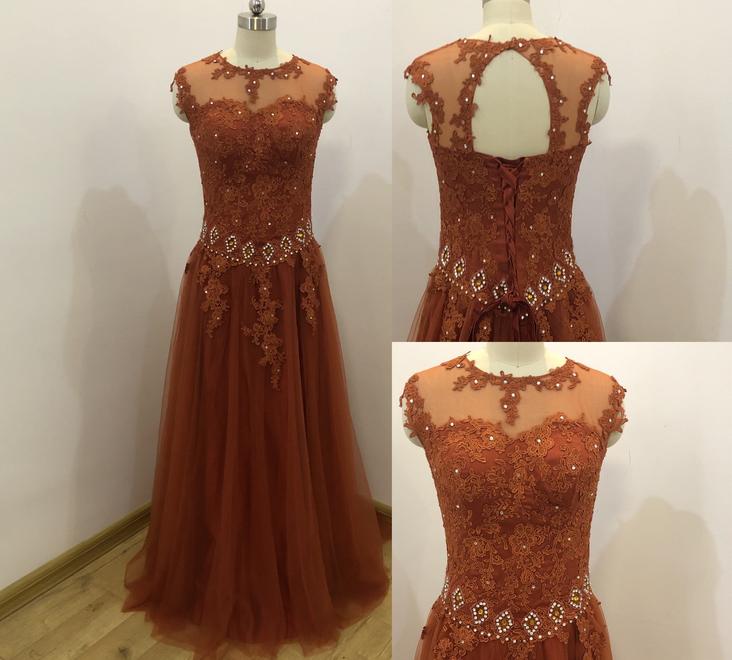Burnt Orange Appliques Beaded Tulle Floor Length Prom Dress, Formal ...