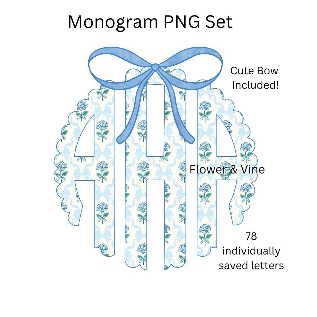 Blue Hydrangea Monogram PNG, Coquette Bow Monogram PNG Alphabet Set ...