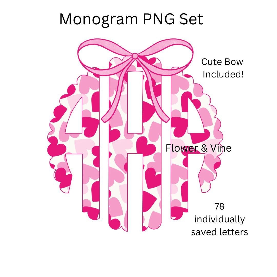 Pink Hearts Valentine’s Day With Bow Monogram PNG, Coquette Bow ...