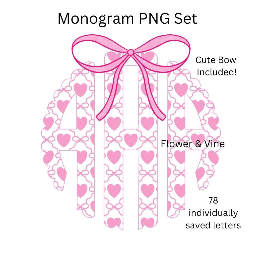 Pink Hearts and Bows Valentine’s Day Monogram PNG, Coquette Bow ...