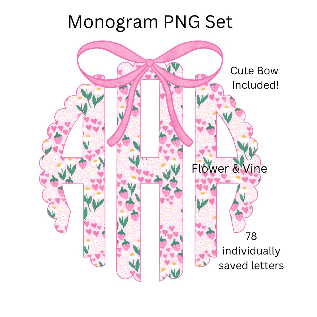 Cottage Core Strawberry Floral With Bow Monogram PNG, Coquette Bow ...