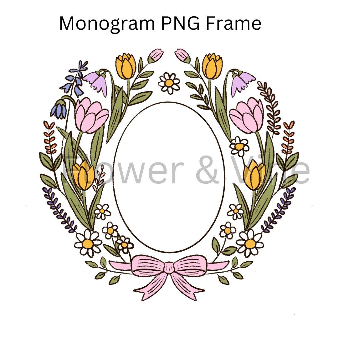 Whimsical Spring Monogram Frame PNG Hand-drawn Floral Border Design Clipart PNG Bow Floral Frame ...