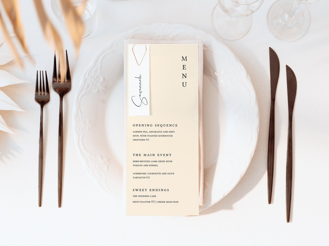 Minimalist Menu With Name Place Card Template Modern Wedding - Etsy