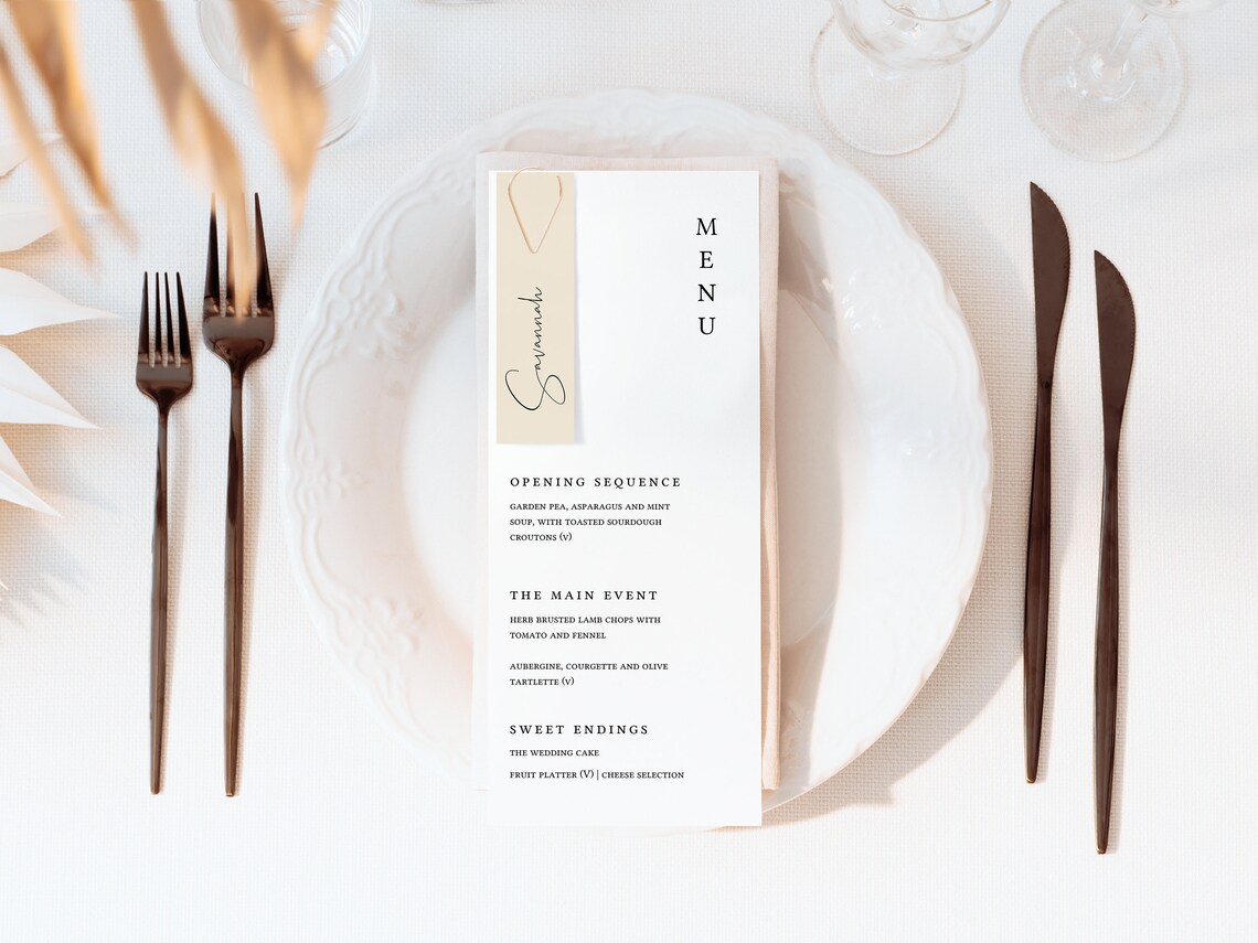 Minimalist Menu With Name Place Card Template Modern Wedding - Etsy