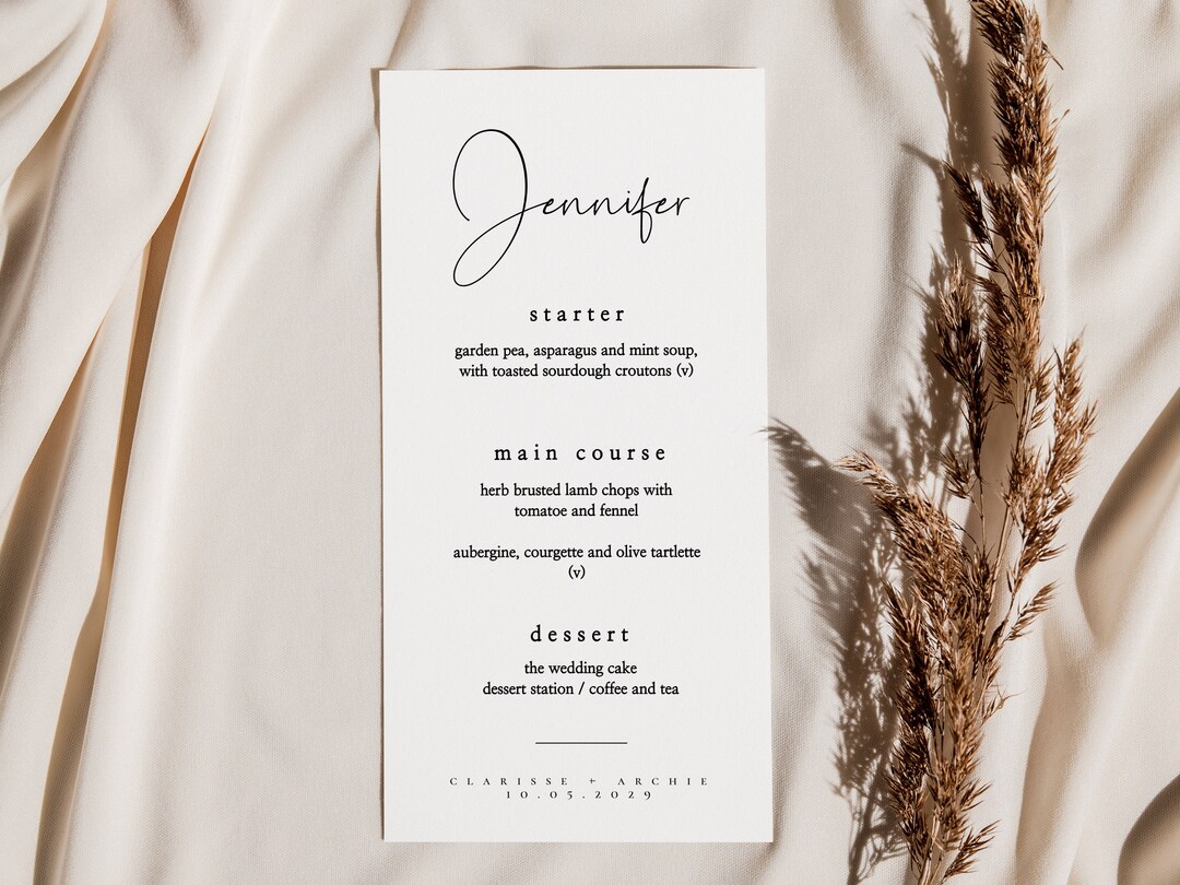Minimal Menu With Guest Name, Modern Wedding Menu Template, Printable ...