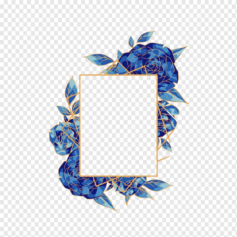Blue Rose Wreath and Gold Frame Floral Clipart Watercolor | Etsy