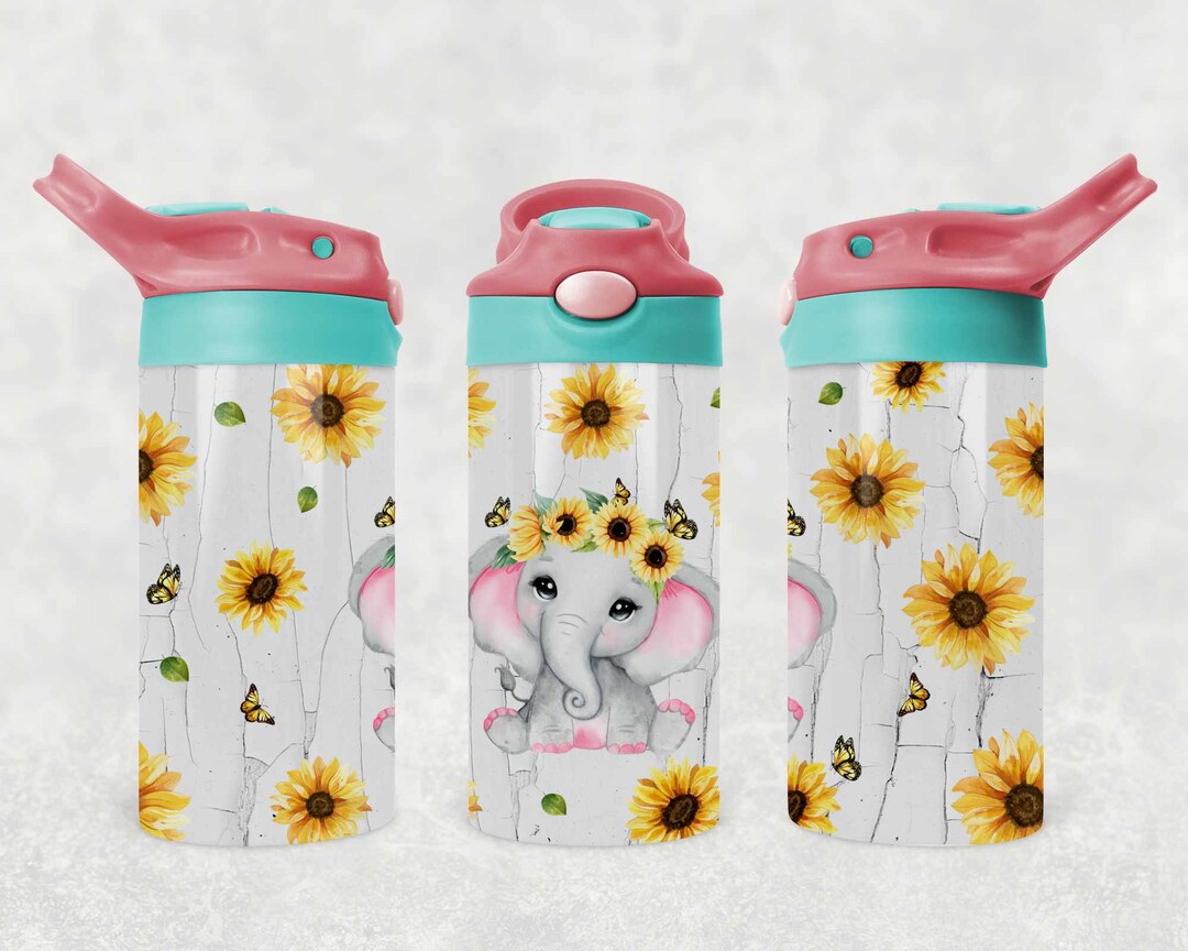 12 Oz Kids Pink Baby Elephant Sunflower Butterflys Tumbler Wrap Flip ...