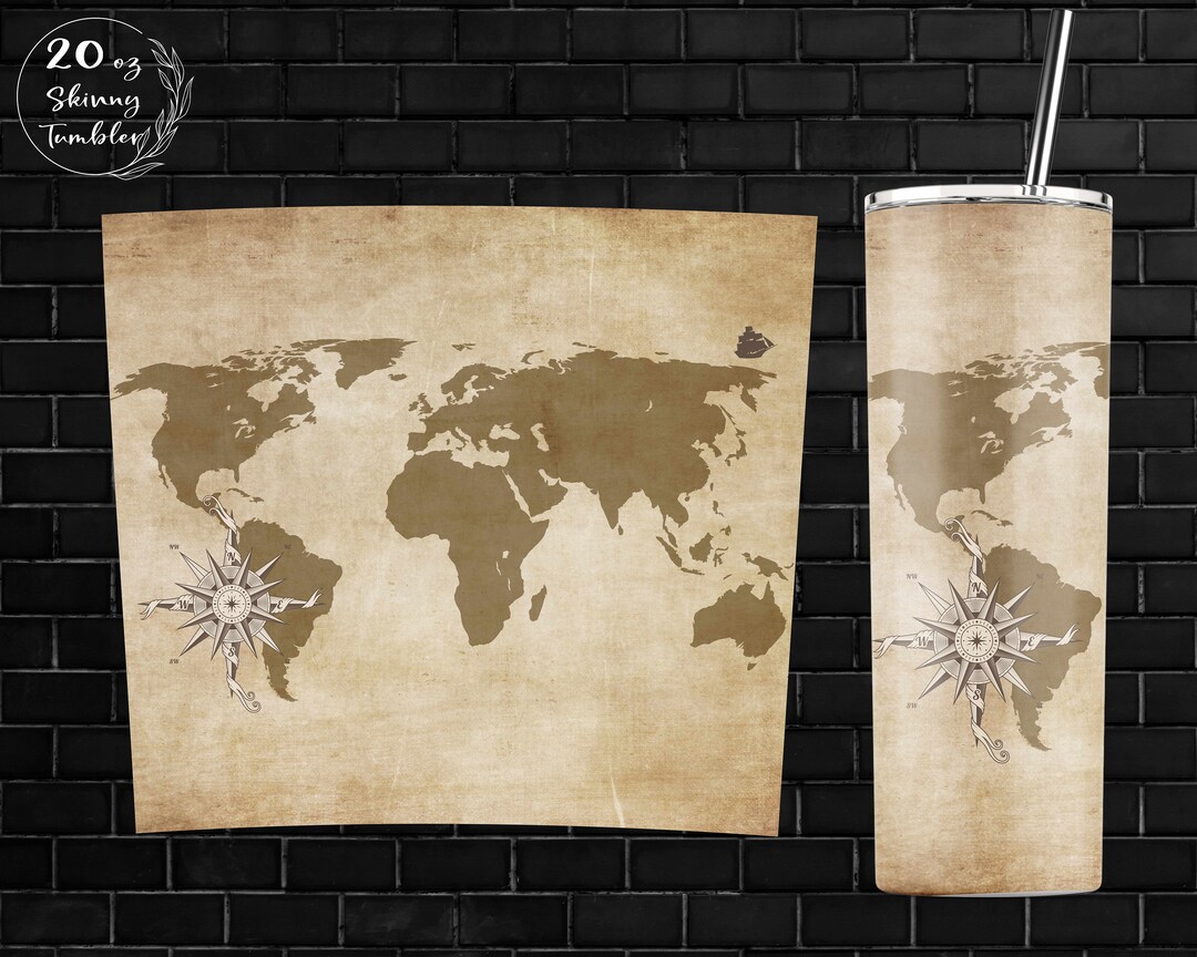Retro World Map Tumbler, 20 Oz Skinny Tumbler Sublimation Design ...