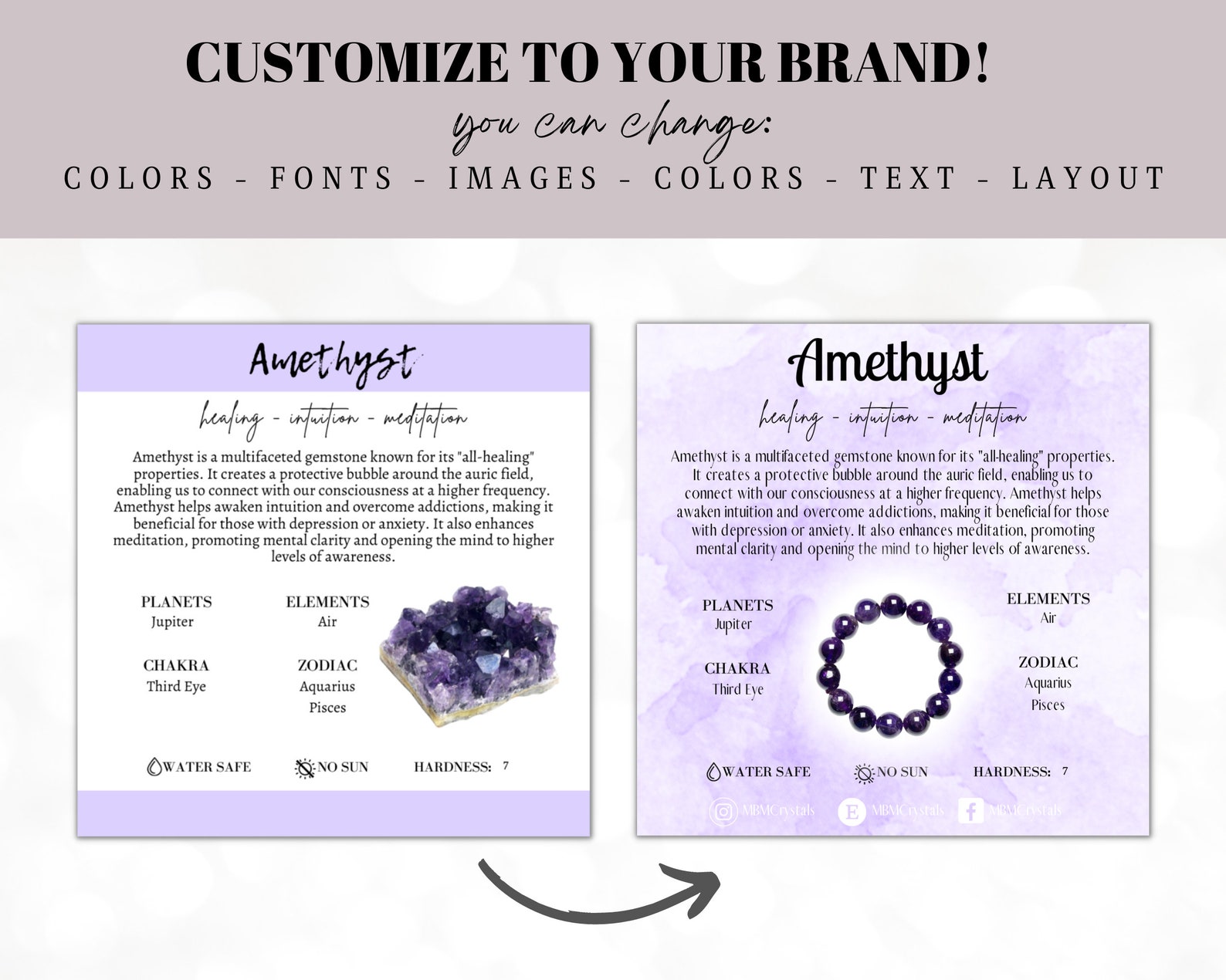 150 Editable Crystal Meaning Cards, Printable Gemstone Business Shop ...