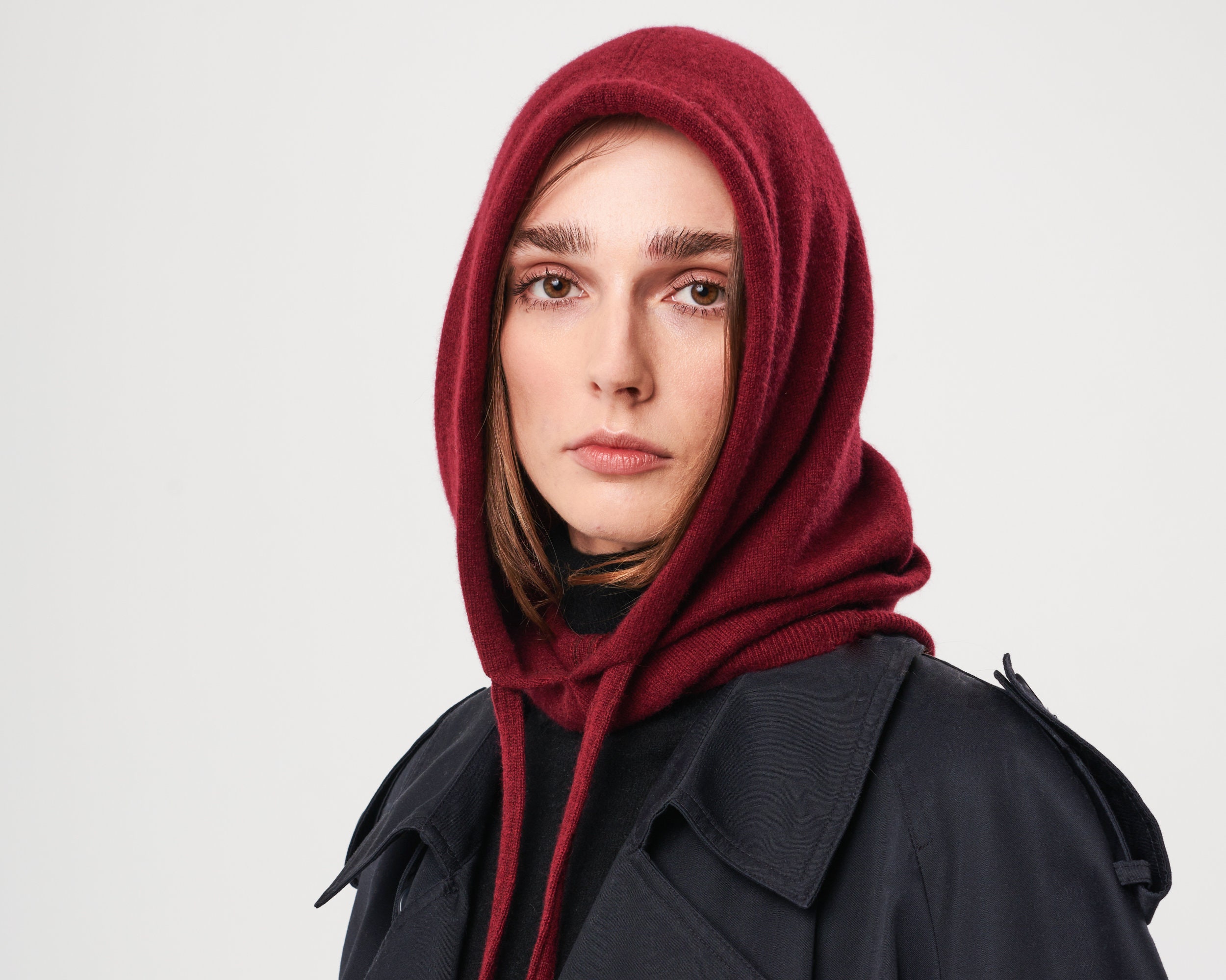 Pure Cashmere Hood in Burgundy Color With Strings Regulation. Made From ...