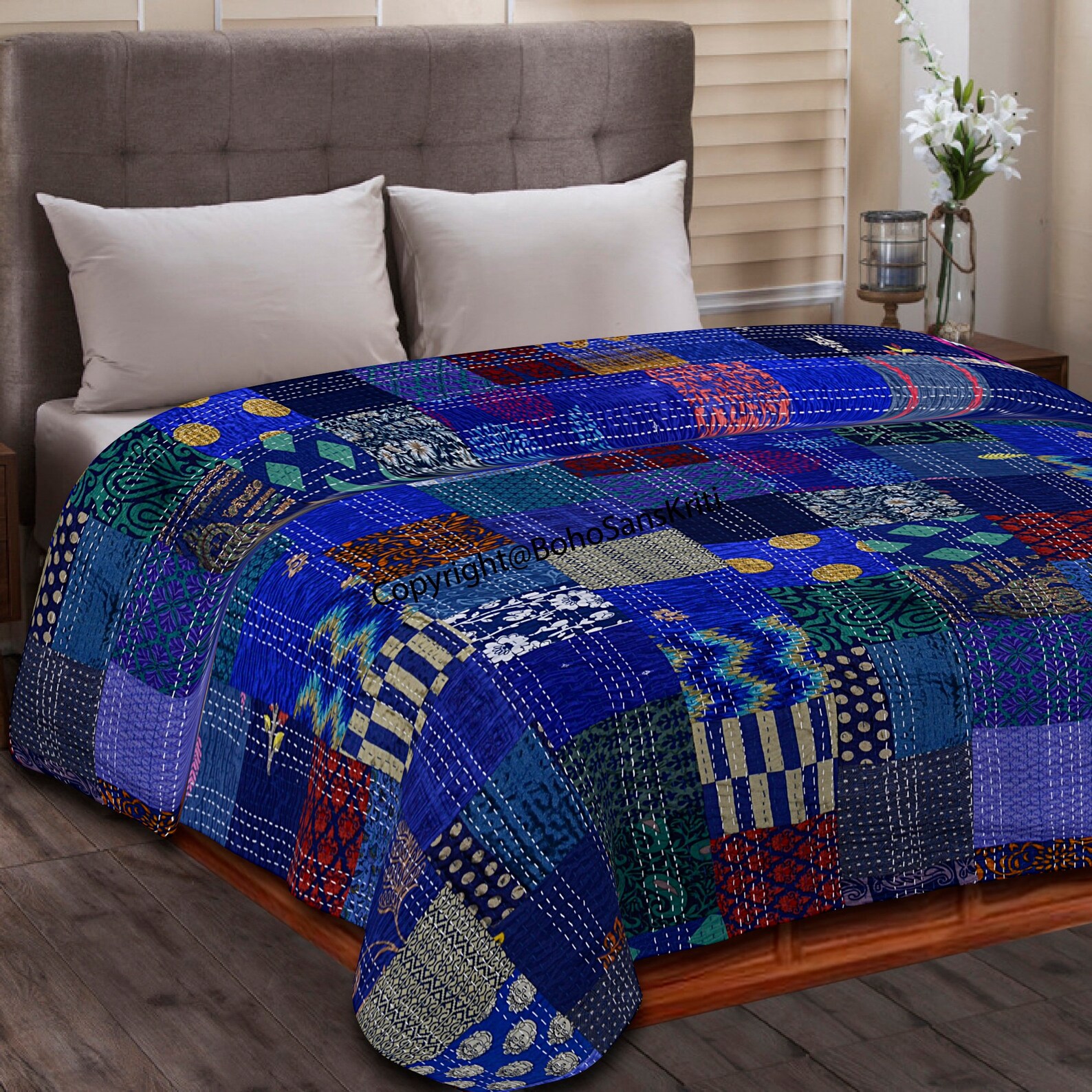 Handmade Patchwork Silk Vintage King/ Twin Size Kantha Quilt | Etsy