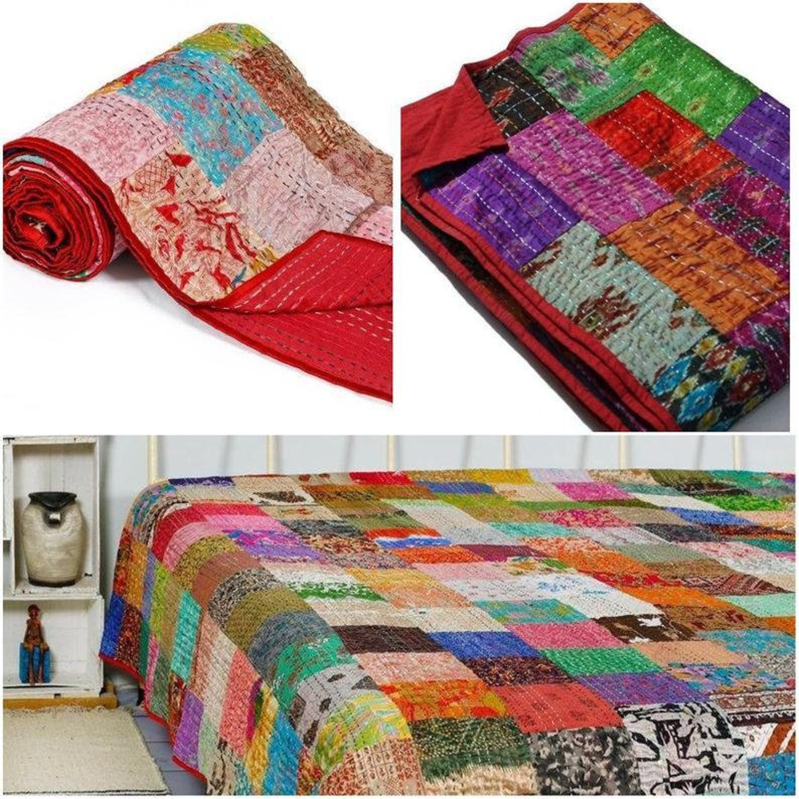 Bohemian Patchwork Quilt Kantha Quilt Handmade Vintage Quilts | Etsy