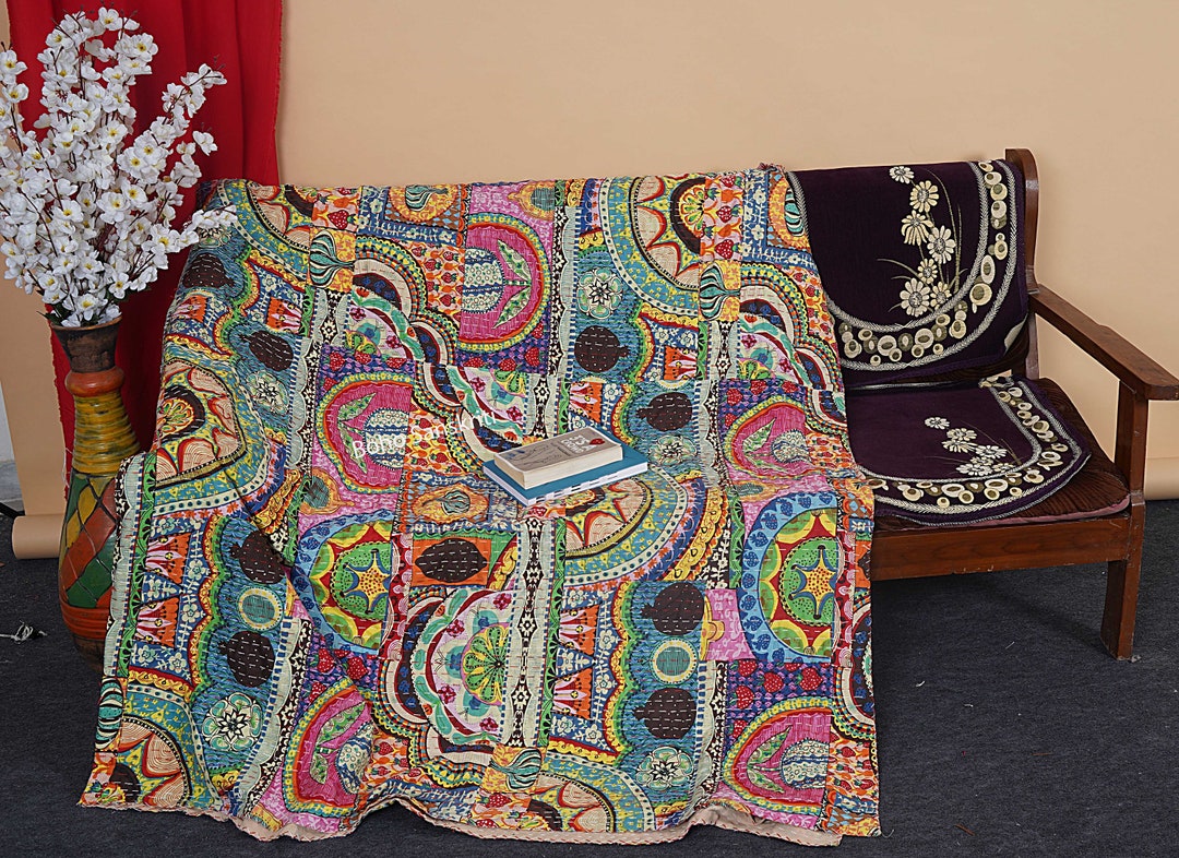 Kantha Quilt 100%cotton Indian Quilt Handmade Stitched Bohemian Quilt ...