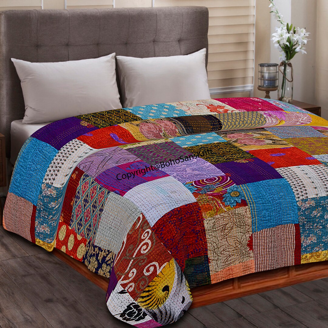 PATCHWORK KANTHA QUILT Indian Vintage Throw Blanket Cotton - Etsy