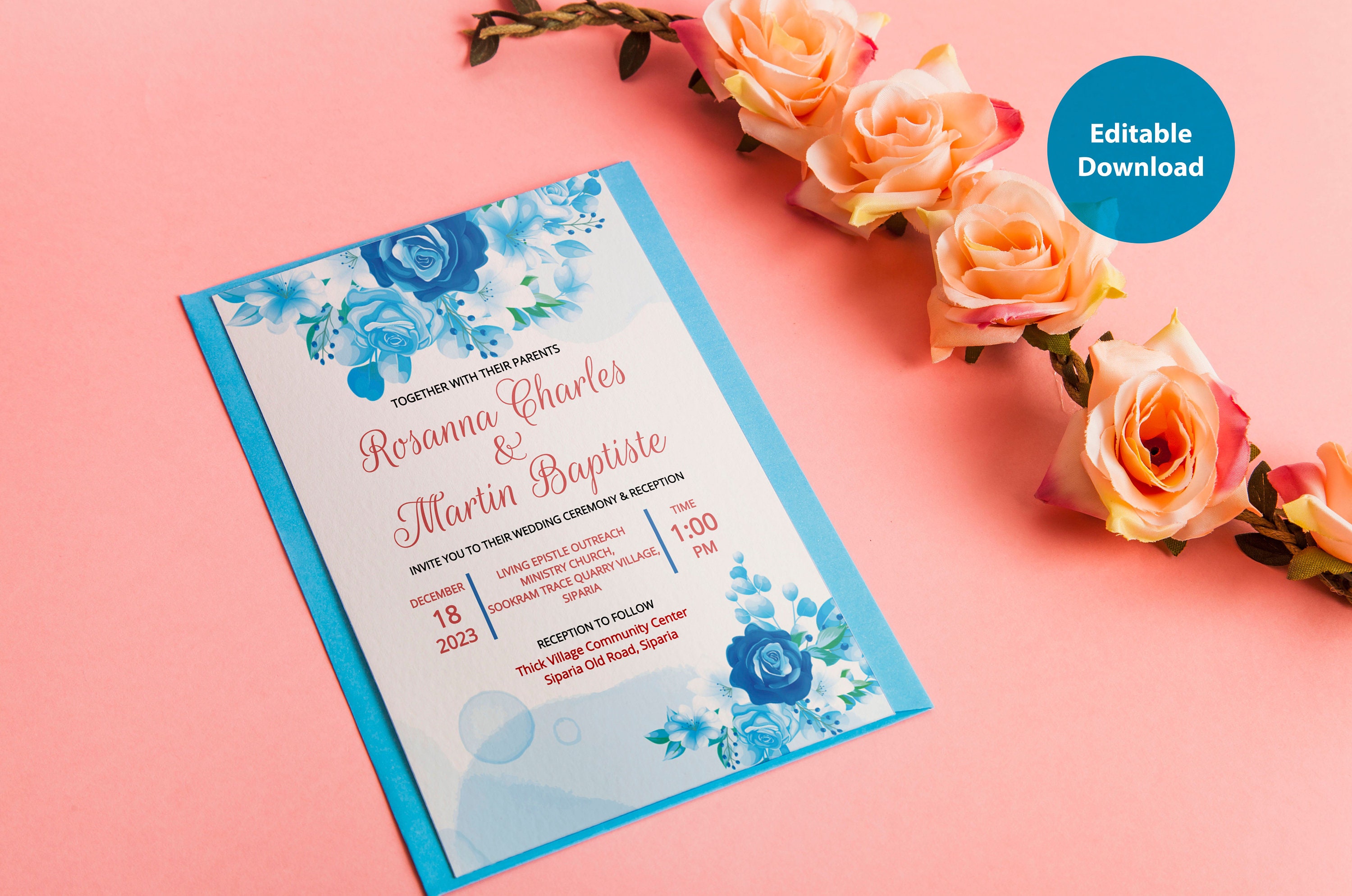 Blue Rose Floral Wedding Invitation Template | Editable Wedding Invite ...