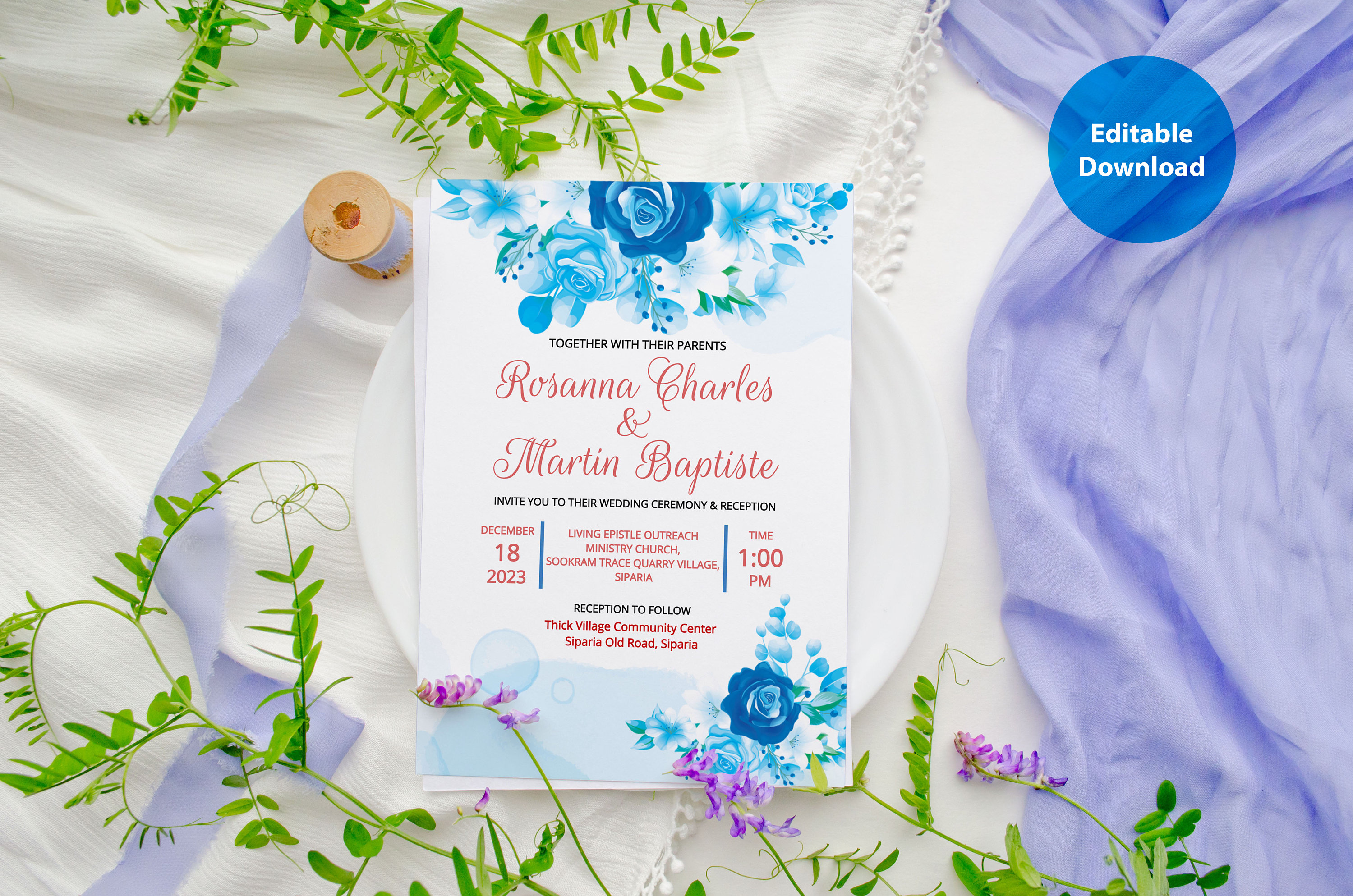 Blue Rose Floral Wedding Invitation Template | Editable Wedding Invite ...