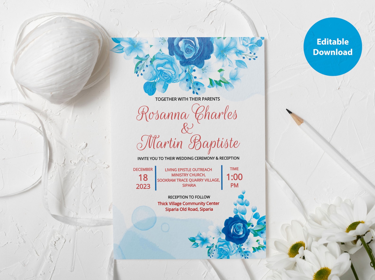 Blue Rose Floral Wedding Invitation Template | Editable Wedding Invite ...