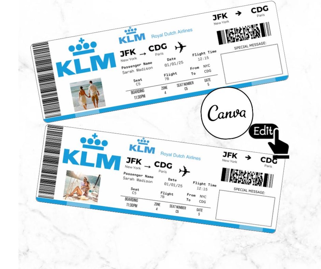 Editable KLM Royal Airlines Ticket Template, Custom Airline Ticket Printable DIY Surprise ...