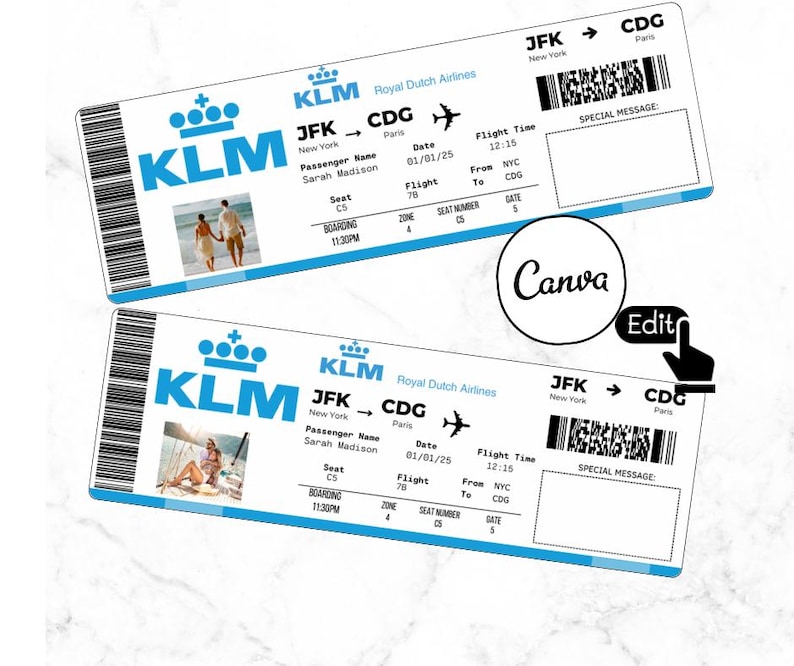 Editable KLM Royal Airlines Ticket Template, Custom Airline Ticket ...