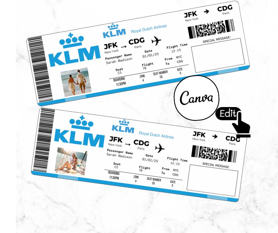 Editable KLM Royal Airlines Ticket Template, Custom Airline Ticket ...