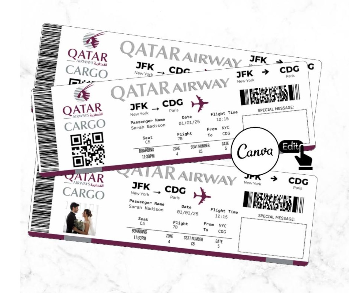 Editable QATAR Airways Ticket Template, Custom Airline Ticket Printable ...