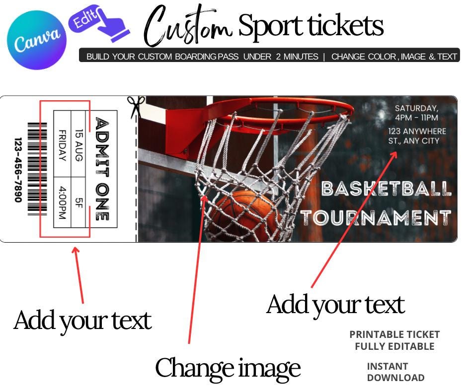 Editable Sports Ticket Template, DIY Basketball Ticket, Custom Sports ...