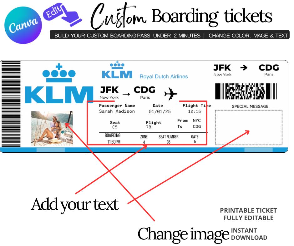 Editable KLM Royal Airlines Ticket Template, Custom Airline Ticket ...