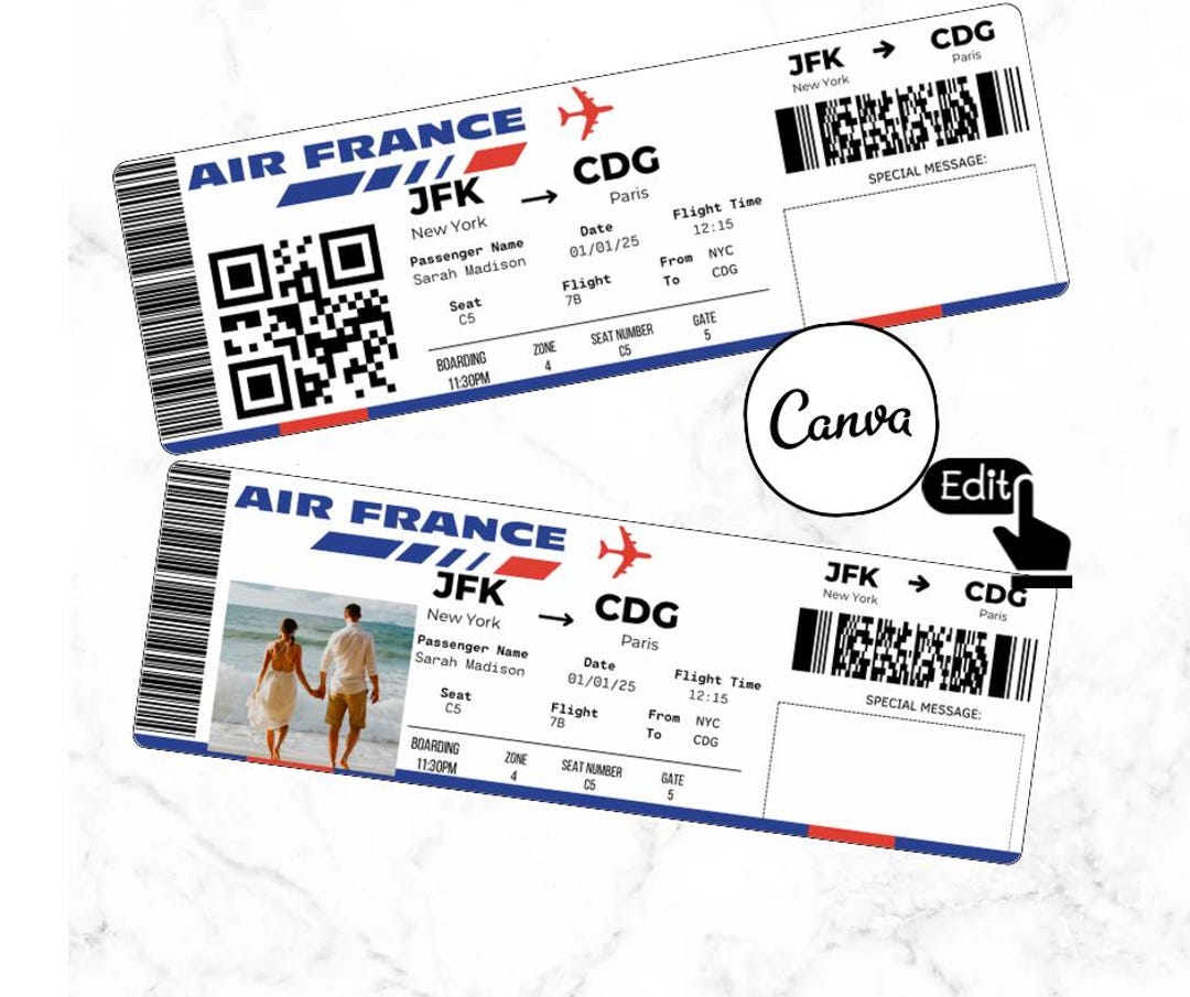 Editable Air France Airlines Ticket Template, Custom Airline Ticket ...