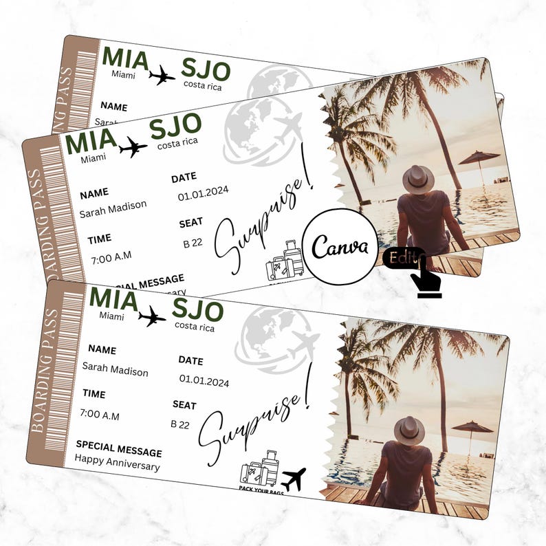Editable Travel Ticket Template, DIY Airplane Ticket, Custom Airline ...