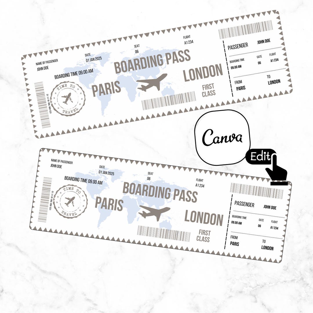 Editable Travel Ticket Template, DIY Airplane Ticket, Custom Airline ...