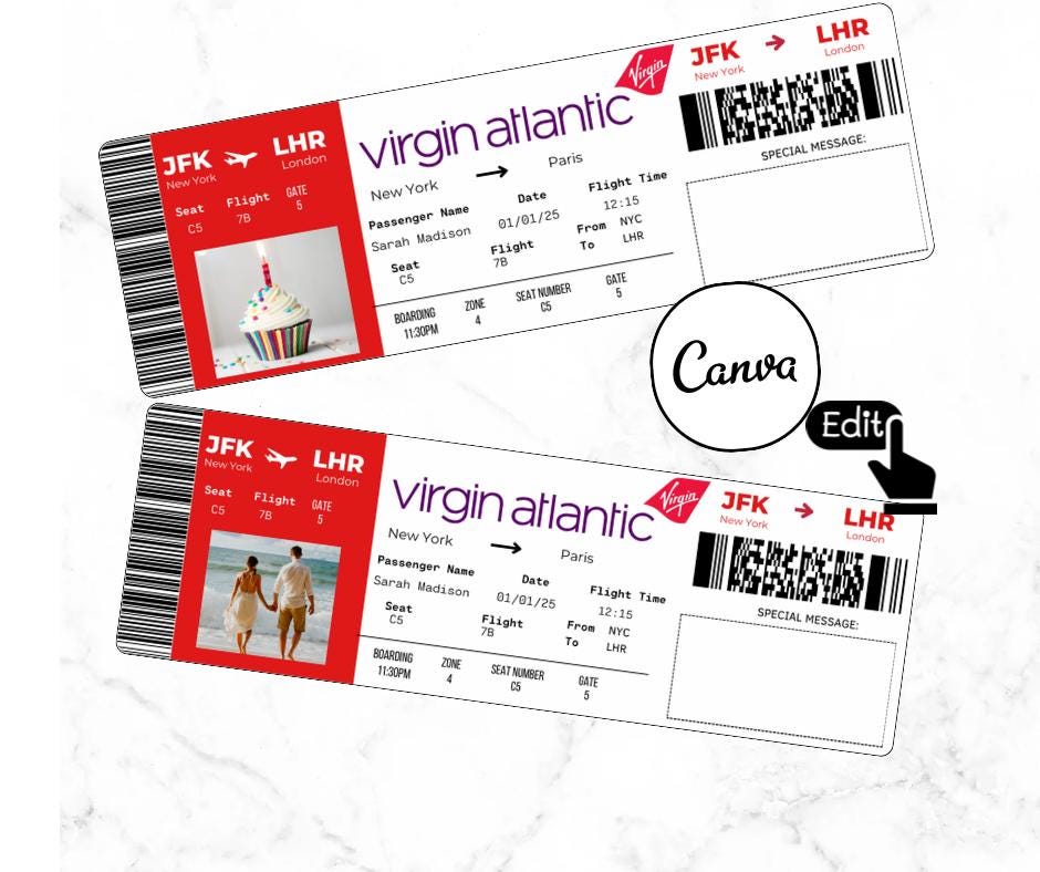 Editable Virgin Atlantic Airlines Ticket Template, Custom Ticket ...