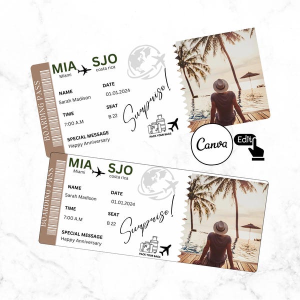 Editable Travel Ticket Template, DIY Airplane Ticket, Custom Airline Ticket Gift,surprise ...