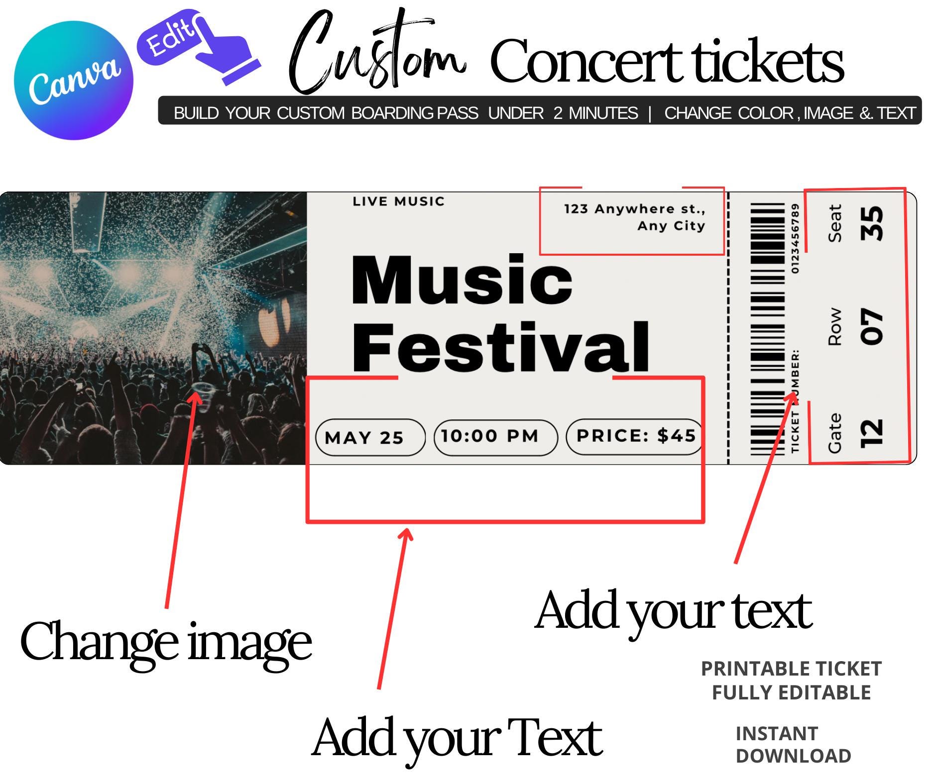 Editable Concert Ticket Template,diy Concert Ticket, Custom Concert ...