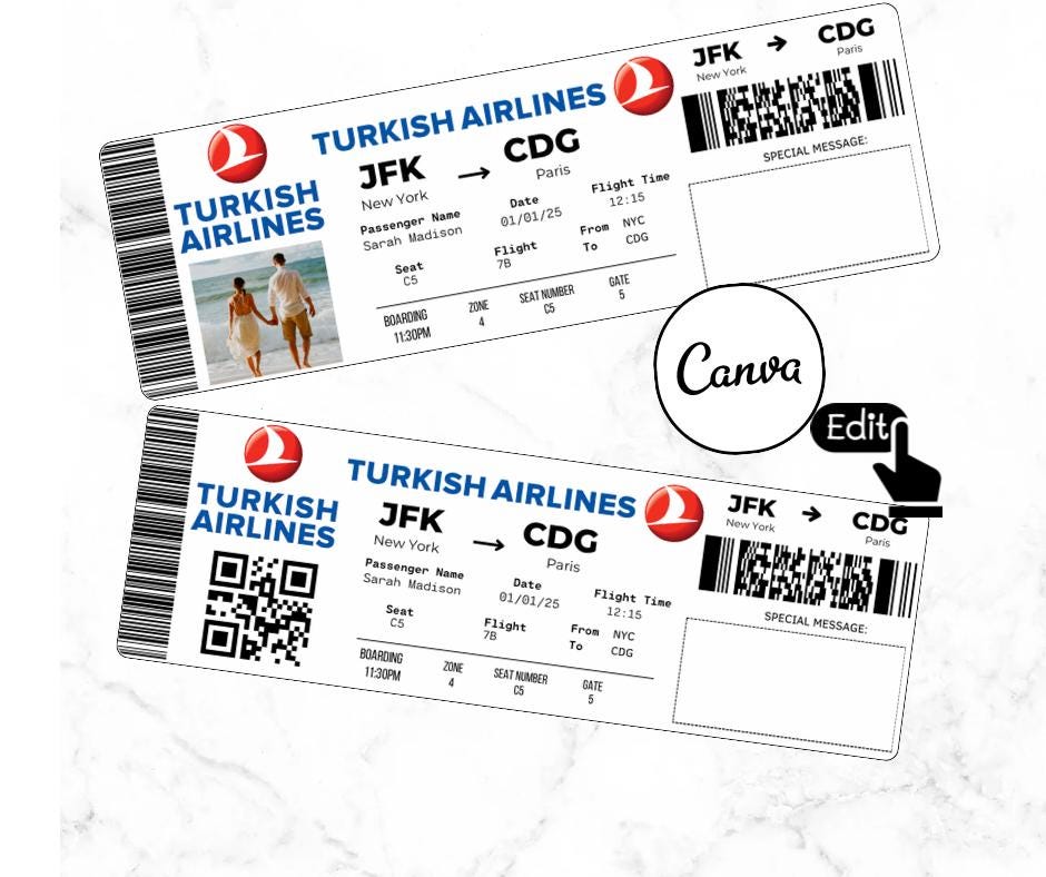 Editable Turkish Airlines Ticket Template, Custom Airline Ticket ...