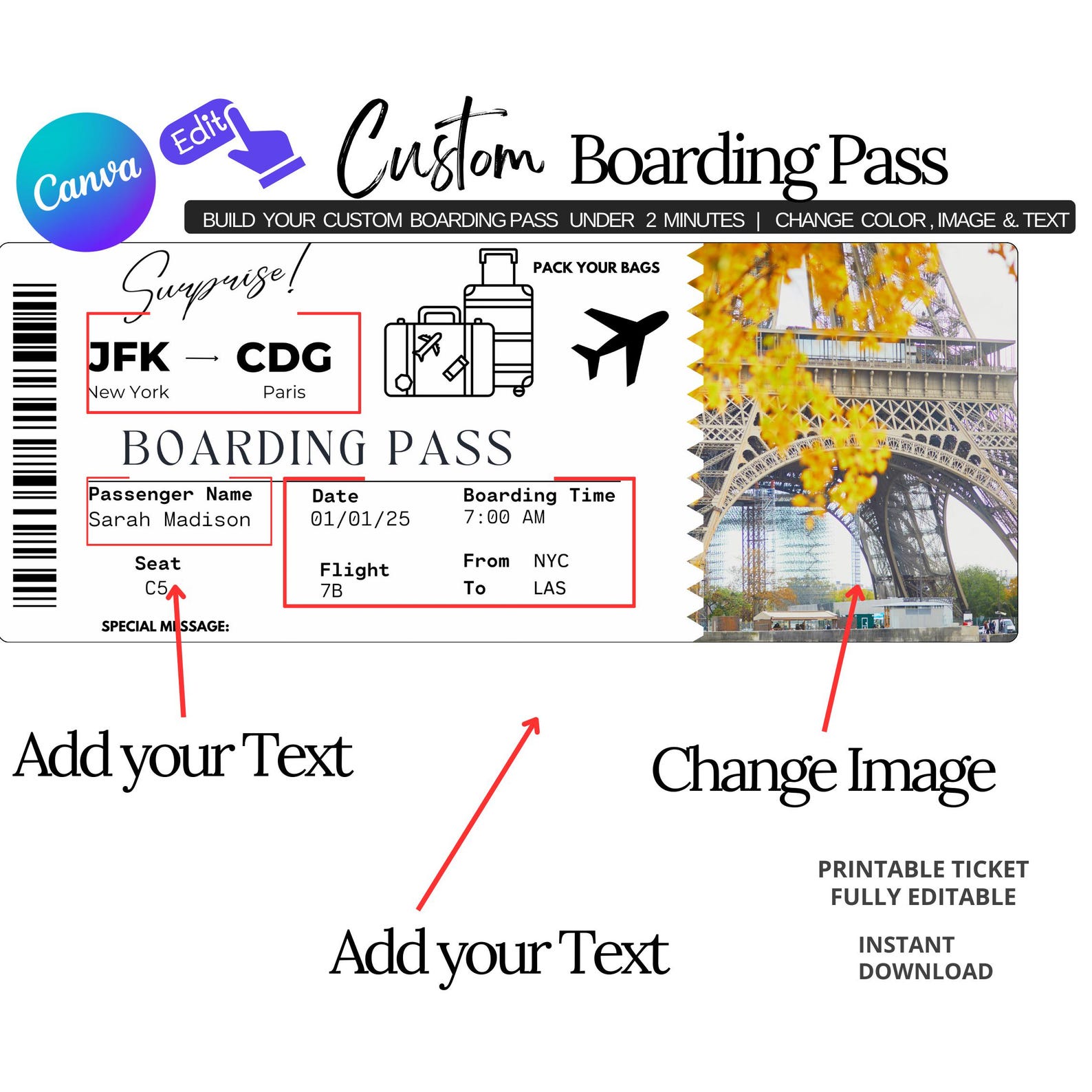 Editable Travel Ticket Template, DIY Airplane Ticket, Custom Airline ...