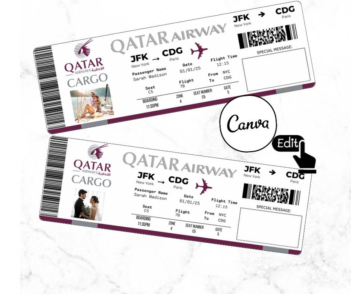 Editable QATAR Airways Ticket Template, Custom Airline Ticket Printable ...
