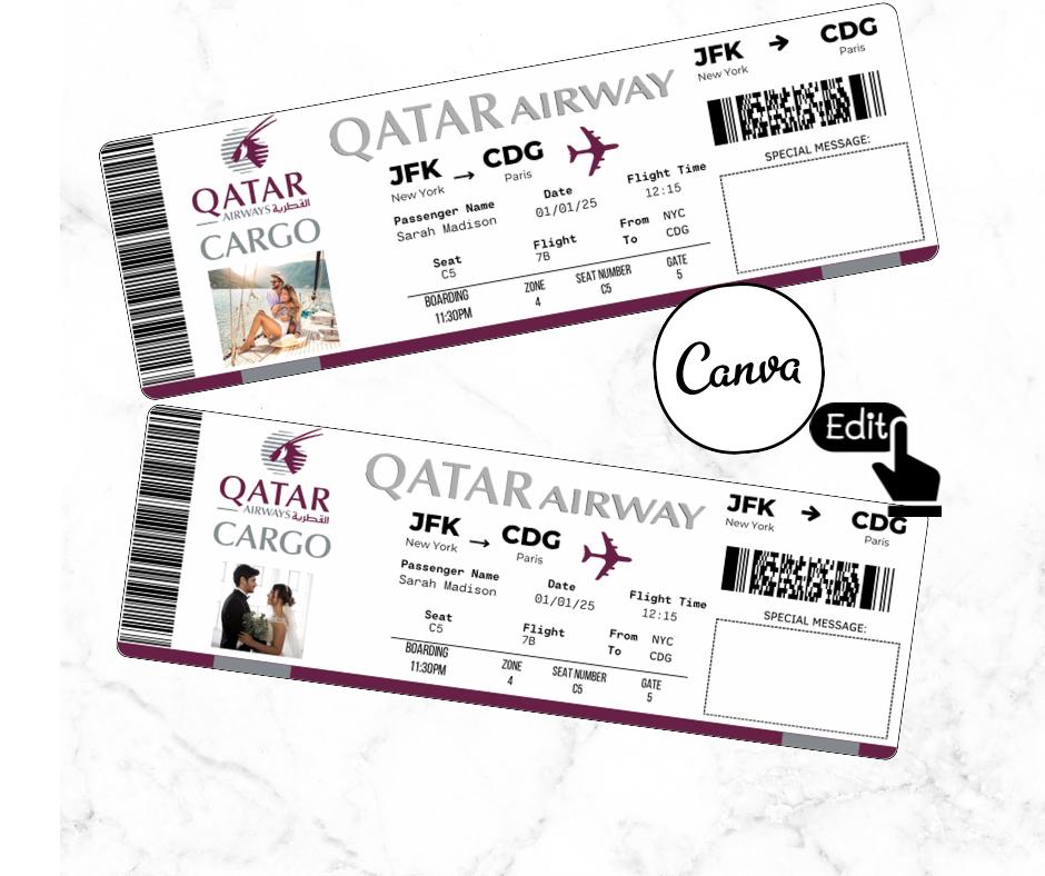 Editable QATAR Airways Ticket Template, Custom Airline Ticket Printable ...