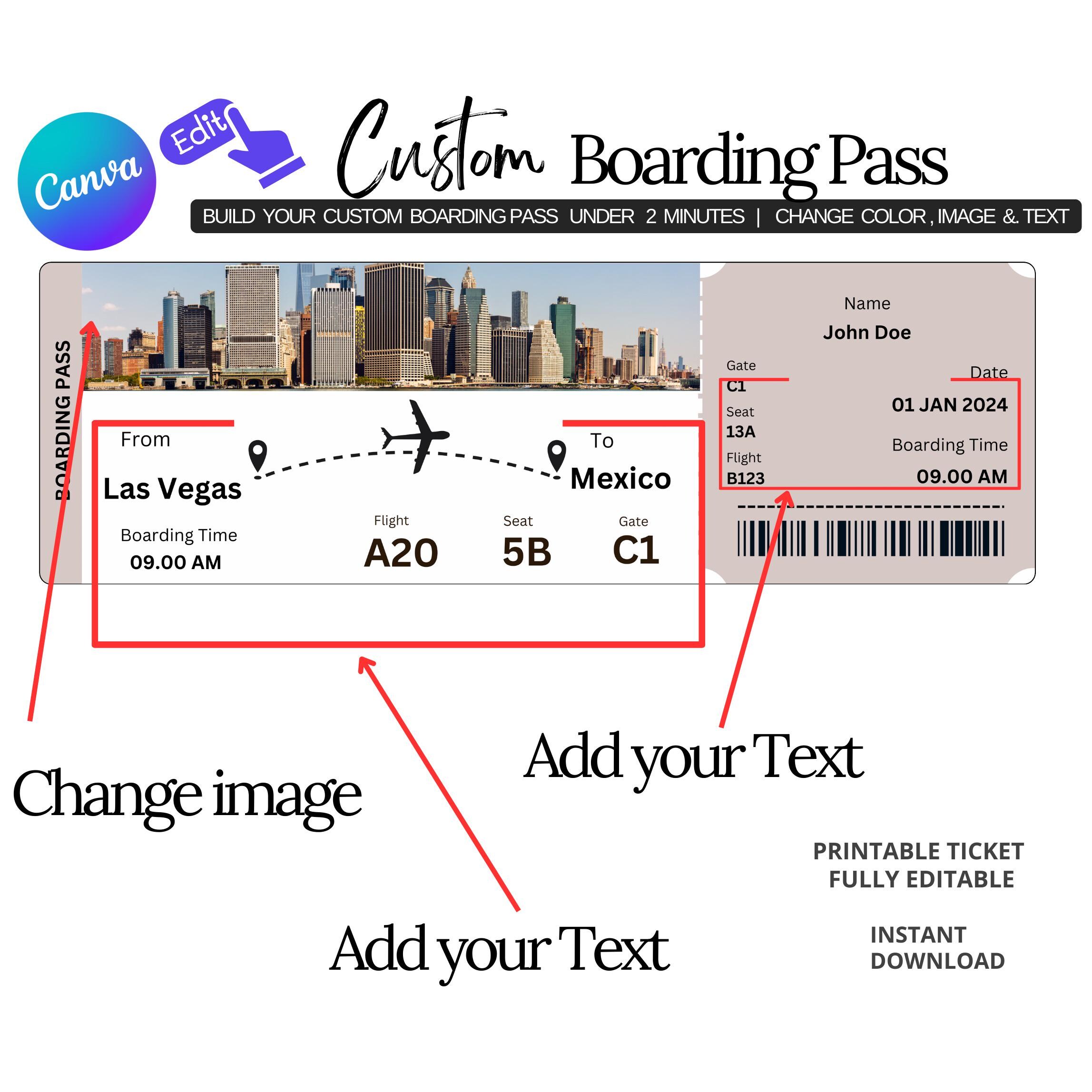 Editable Travel Ticket Template, DIY Airplane Ticket, Custom Airline ...