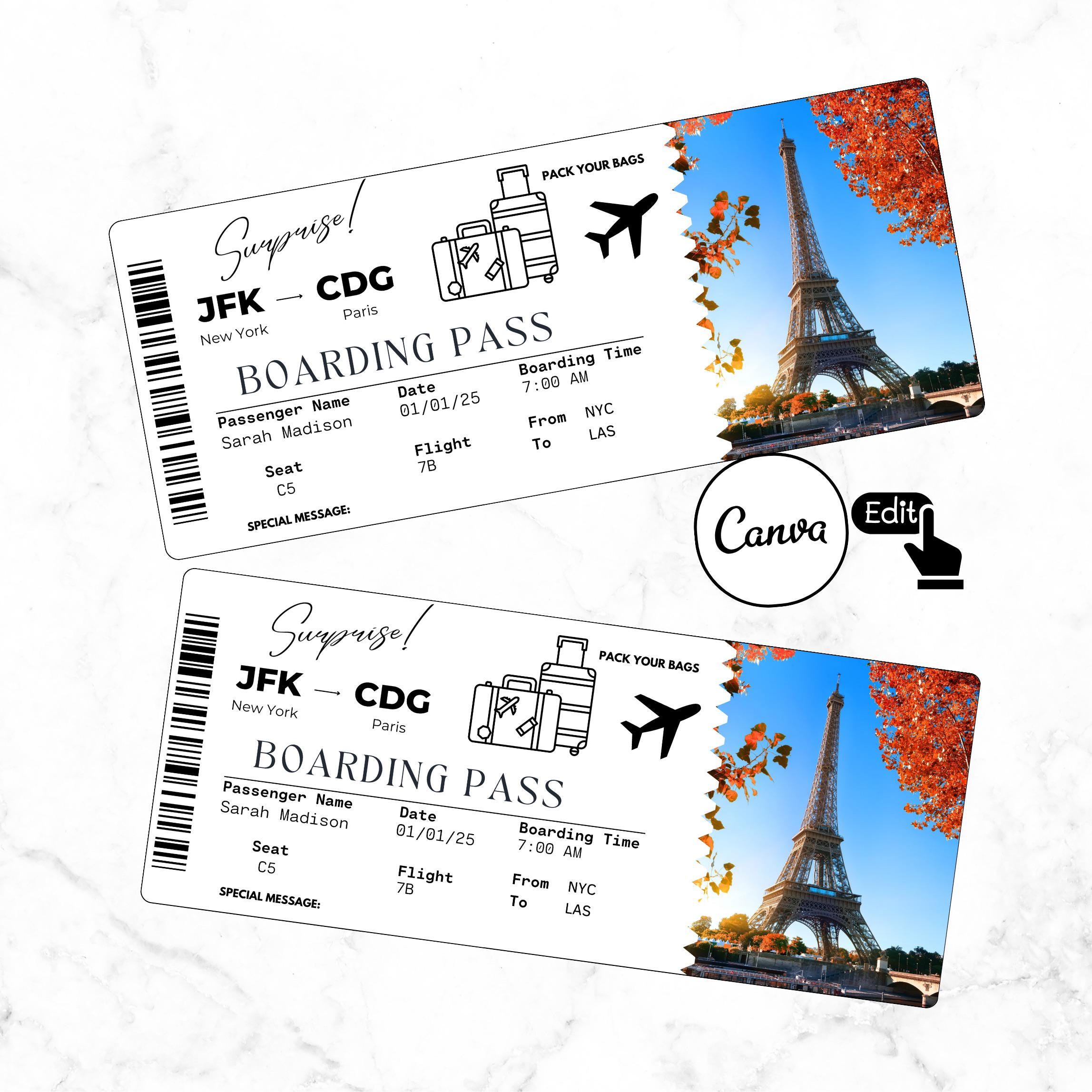 Editable Travel Ticket Template, DIY Airplane Ticket, Custom Airline ...
