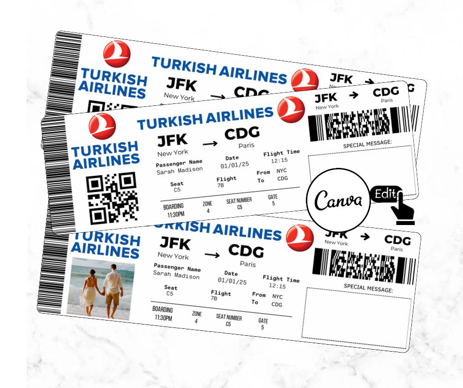 Editable Turkish Airlines Ticket Template, Custom Airline Ticket ...