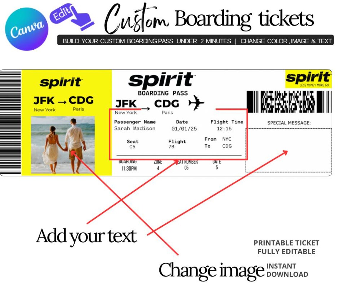 Editable Spirit Travel Ticket Template, Custom Airline Ticket Gift ...