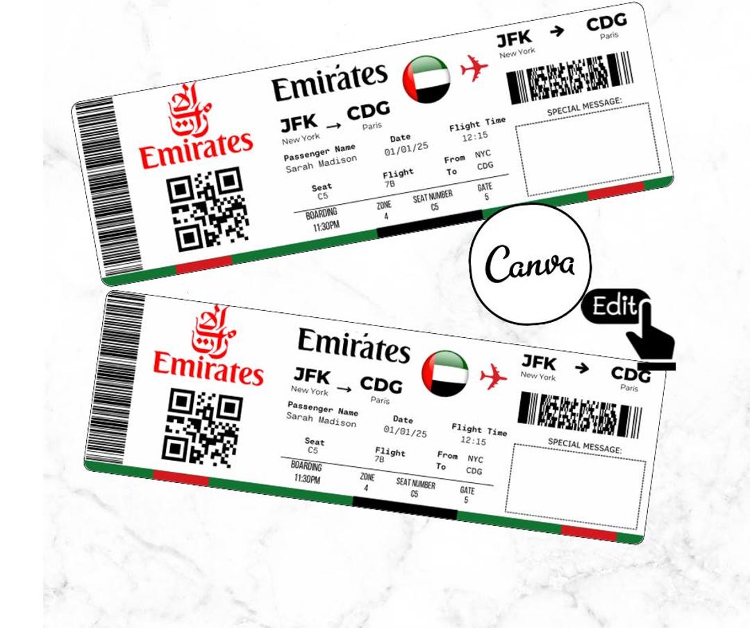 Editable Emirates Airlines Ticket Template, Custom Airline Ticket ...