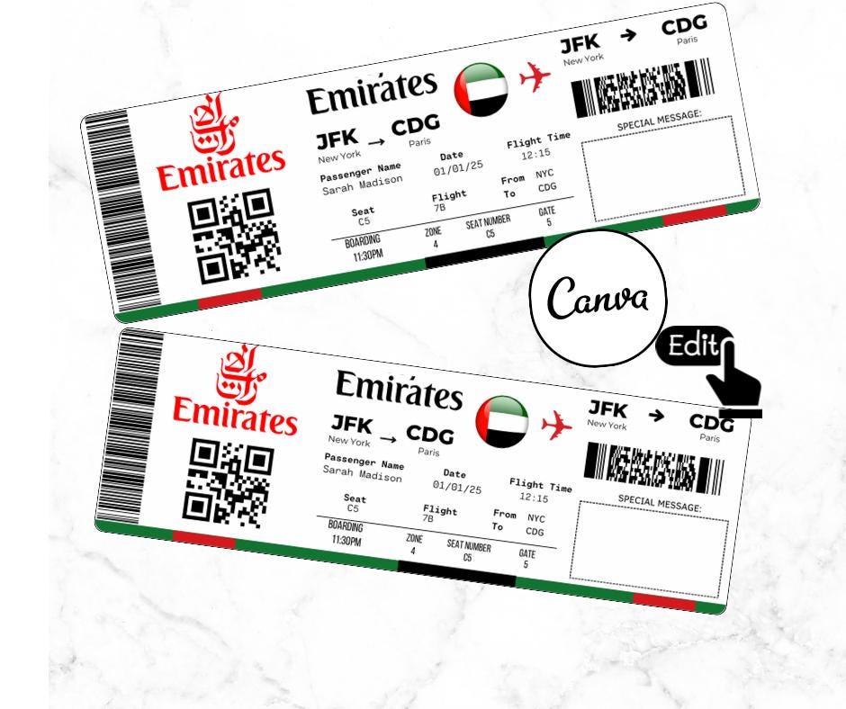 Editable Emirates Airlines Ticket Template, Custom Airline Ticket ...