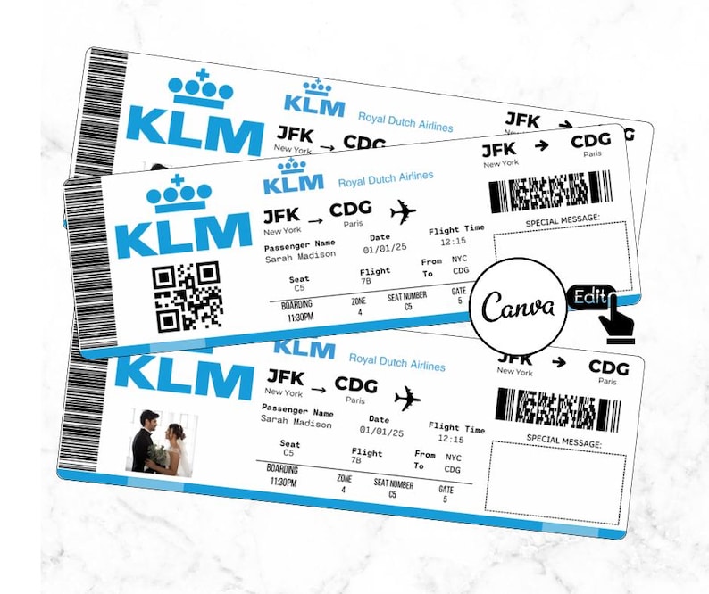 Editable KLM Royal Airlines Ticket Template, Custom Airline Ticket ...