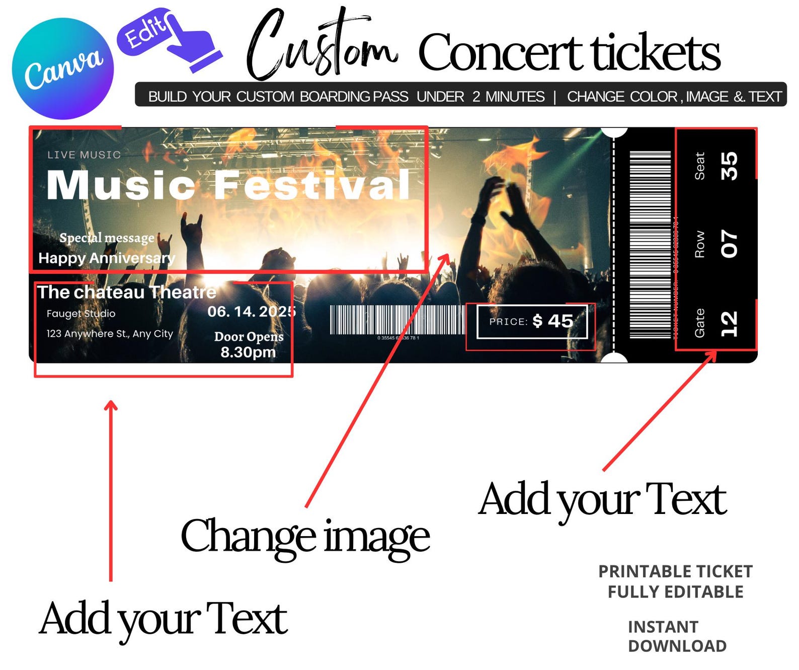Editable Concert Ticket Template,diy Concert Ticket, Custom Concert ...