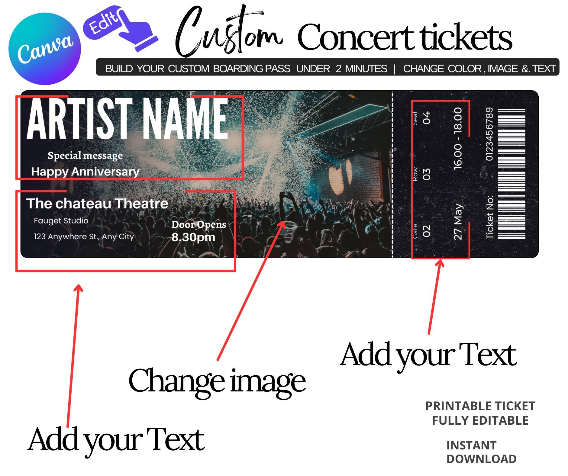 Editable Concert Ticket Template,diy Concert Ticket, Custom Concert ...
