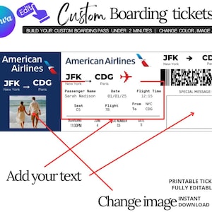 Editable American Airlines Ticket Template, Custom Airline AA Ticket Printable DIY Surprise ...