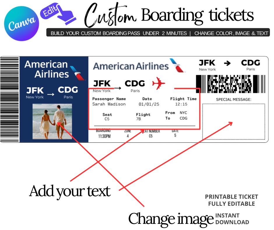 Editable American Airlines Ticket Template, Custom Airline AA Ticket Printable DIY Surprise ...