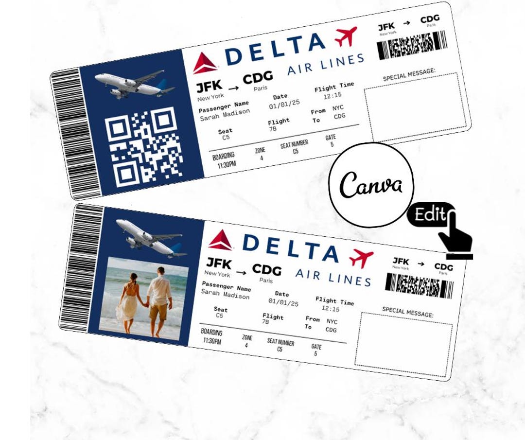Editable Delta Travel Ticket Template, Custom Airline Ticket Gift ...